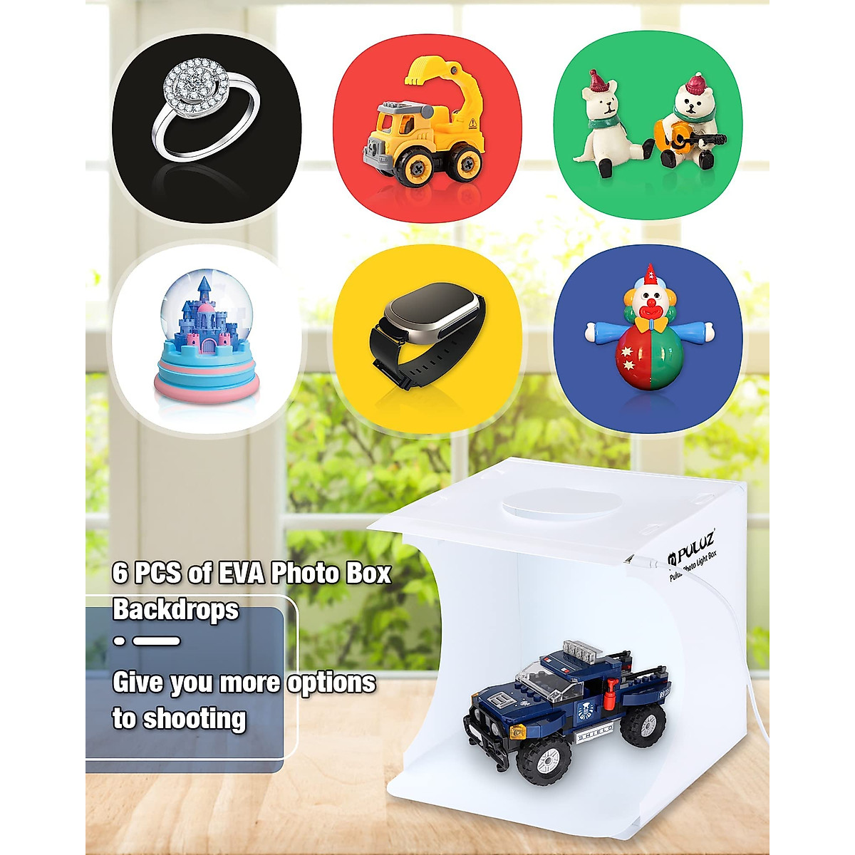 Mini Photo Studio Box, PULUZ 20cm Portable Photography Shooting Light Tent Kit, White Folding Lighting Softbox with 20 LED Lights + 6 Backdrops for Product Display