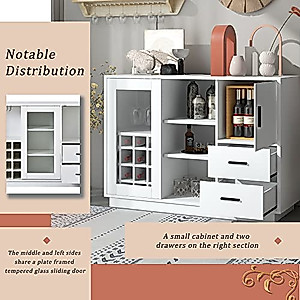 P PURLOVE 47 Inch Sideboard Buffet Server Storage Cabinet with Glass Sliding Door and Integrated 16 Bar Wine Compartment, Wineglass Holders for Kitchen Dining Room Furniture