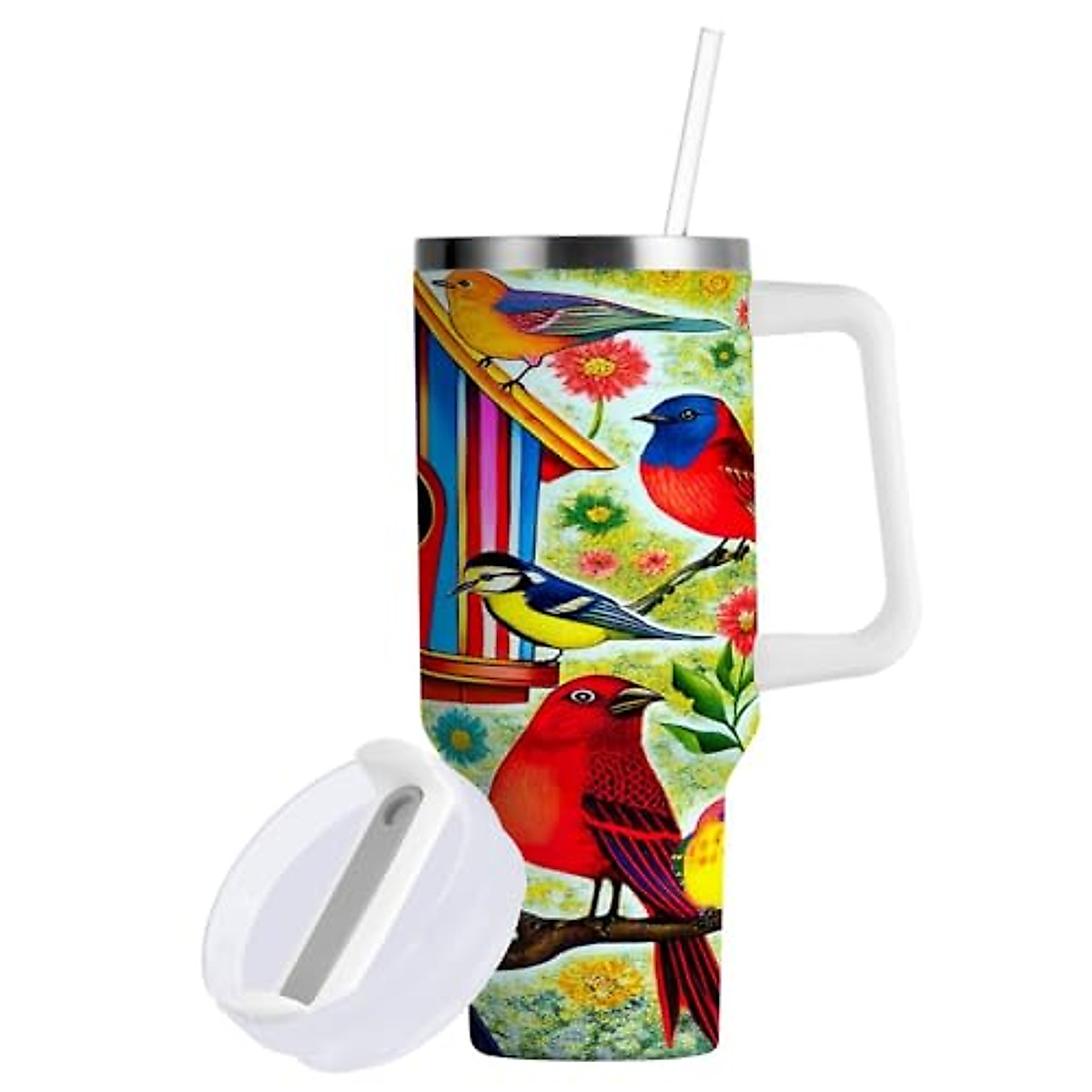 RPLIFE Colorful Birds 40 Oz Tumbler with Handle, Stainless Steel Cup, Insulated Water Bottle with Straw