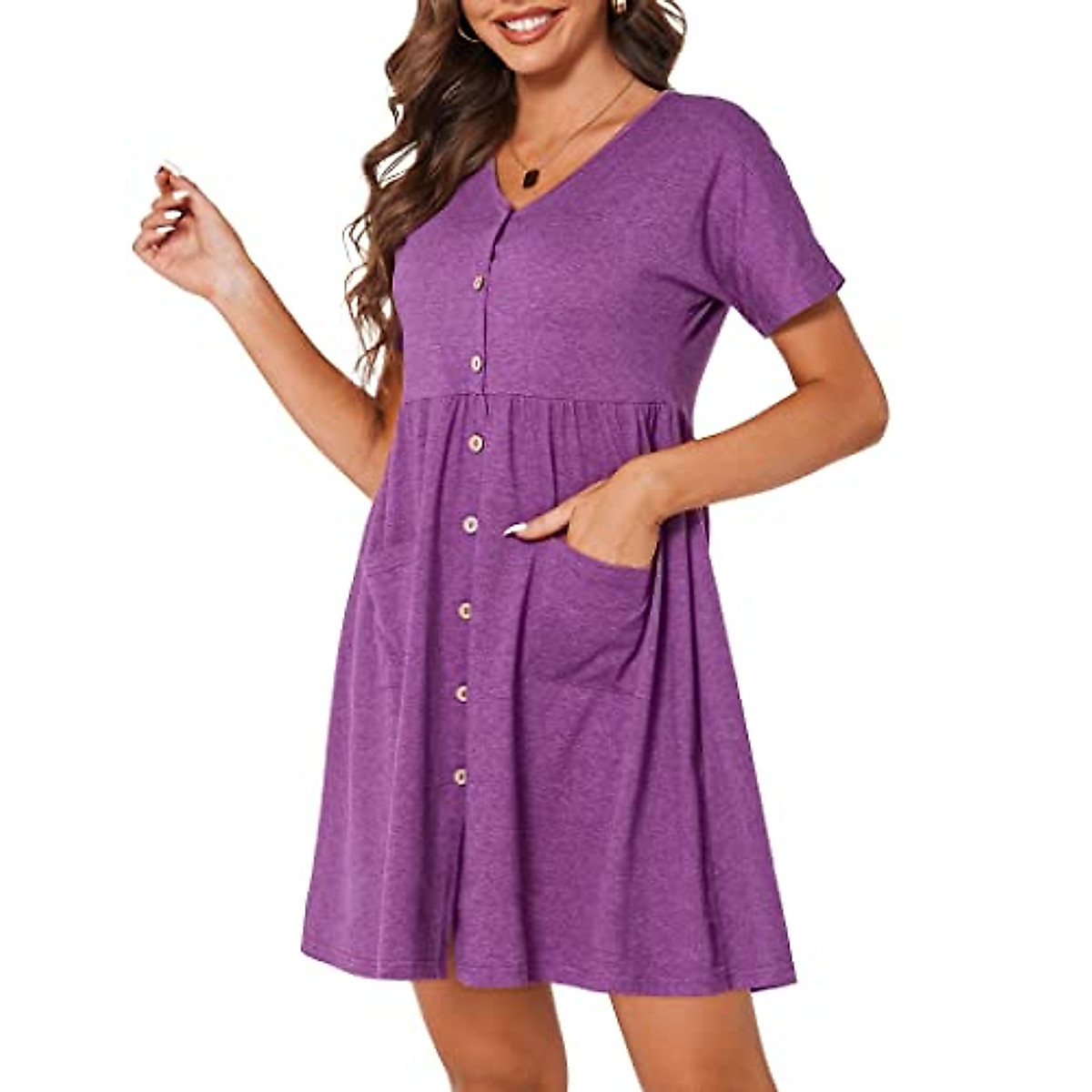 HOTOUCH Women's Plus Size Short Sleeve V-Neck Dresses Casual Loose Swing T-Shirt Dress Purple