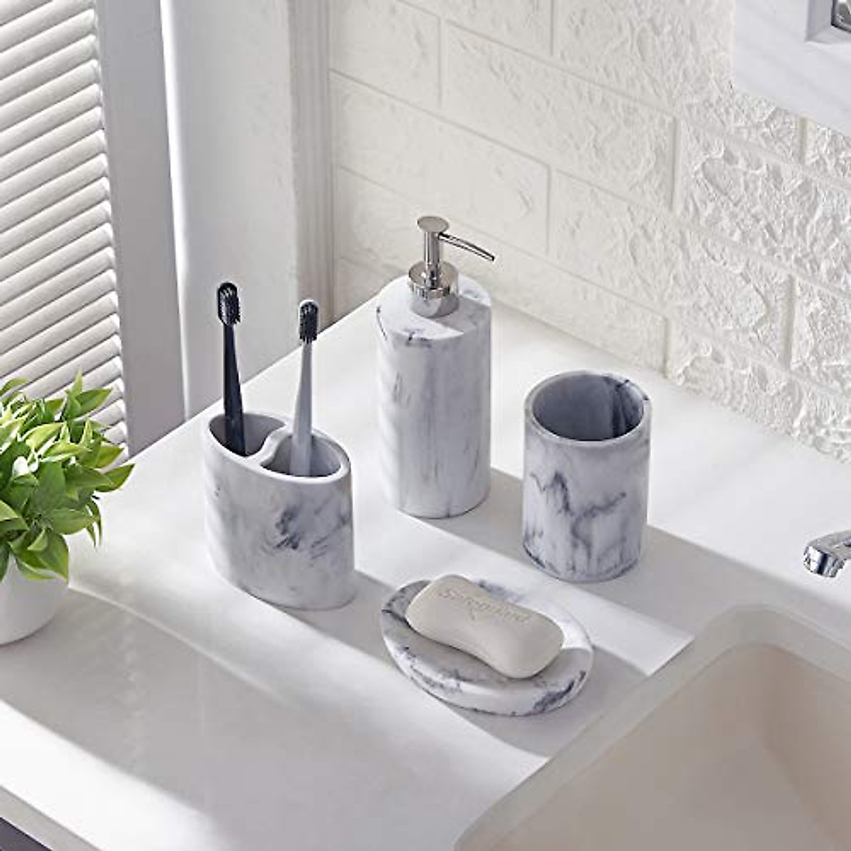 ZCCZ Bathroom Accessory Set, 4 Pcs Marble Look Bathroom Vanity Countertop Accessory Set Bathroom Décor Sets Accessories with Soap Dispenser Bathroom Toothbrush Holder Set, Bathroom Tumbler, Soap Dish