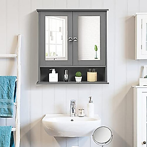 GLACER Bathroom Medicine Cabinet, Hanging Storage Cabinet with Double Mirror Doors, Perfect for Bathroom, Living Room, Corridor, Cloakroom, 22 x 5 x 23 inches (Grey)