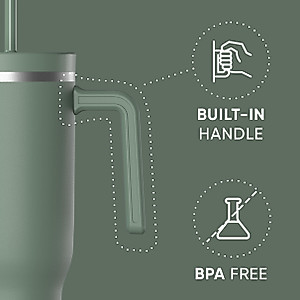 Hydrapeak Voyager 40 Oz Stainless Steel Tumbler with Handle, Insulated Water Bottle With Straw & Lid, Cupholder Friendly Reusable Travel Mug (Sage Leaf)