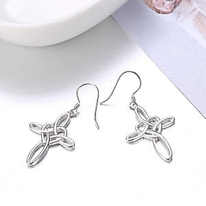 Sllaiss Sterling Silver Celtic Knot Cross Dangle Earrings White Gold Plated Good Luck Vintage Cross Drop Earrings Irish Jewelry (Silver)