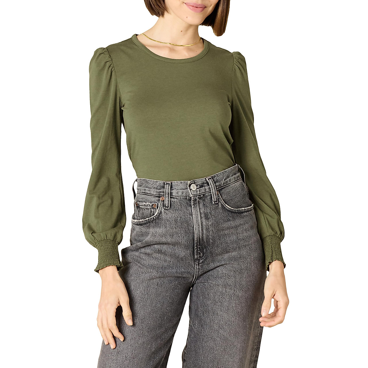 Amazon Essentials Women's Long-Sleeve Crewneck Smocked Cuff T-Shirt, Olive, Medium