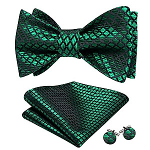 Barry.Wang Men Emerald Green Plaid Self Bow Tie Set with Pocket Square Cufflinks Silk Designer Bowtie Necktie