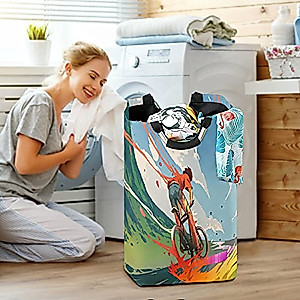 xigua Young Man Riding Bicycle With Colorful Energy Large Laundry Basket, Collapsible Clothes Hamper with Handles Tall Foldable Clothes Bag for Family Bedroom Bathroom Student Dormitory, 12.6 x 11 x 2