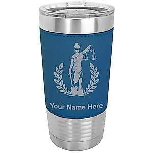 LaserGram 20oz Vacuum Insulated Tumbler Mug, Lady Justice, Personalized Engraving Included (Faux Leather, Blue)