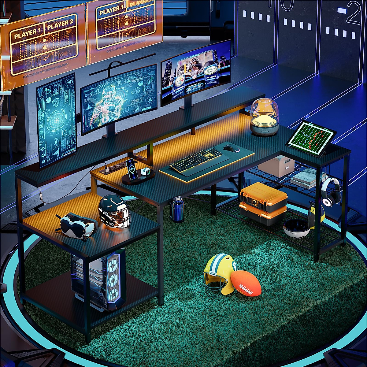 Bestier Gaming Desk with Power Outlet, 71.5 inch LED Computer Desk with Monitor Stand, L Shaped Large Desk with Metal Shelf, Cup Holder & Headset Hooks, Corner Desk for Bedroom 3D Carbon Fiber