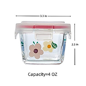 2 Pack 4 OZ Mini Glass Food Storage Containers Portable Small Food Jars with Airtight Lids Leakproof Square Flower Glass Container for Food Portion,Dipping Sauce,Snack,Nut,Yogurt,Freezer Microwave Safe