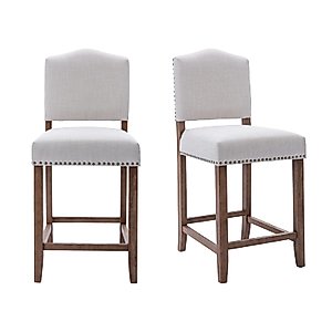 EALSON Farmhouse Bar Stools Set of 2 Bar Height Kitchen Barstools with Back Mid Century Modern Wooden Bar Chairs Linen Upholstered High Counter Stools for Home Bar/Island/Pub, 30 Inch Beige