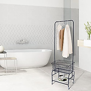 kunghei 2-in 1 Rolling Clothes Rack, 2 Tier Clothing Rack with Metal Basket, Rolling Storage Cart Clothes Organizer Coat Rack Storage Stand on Wheels, for Home Bedroom Laundry Small Place Entryway