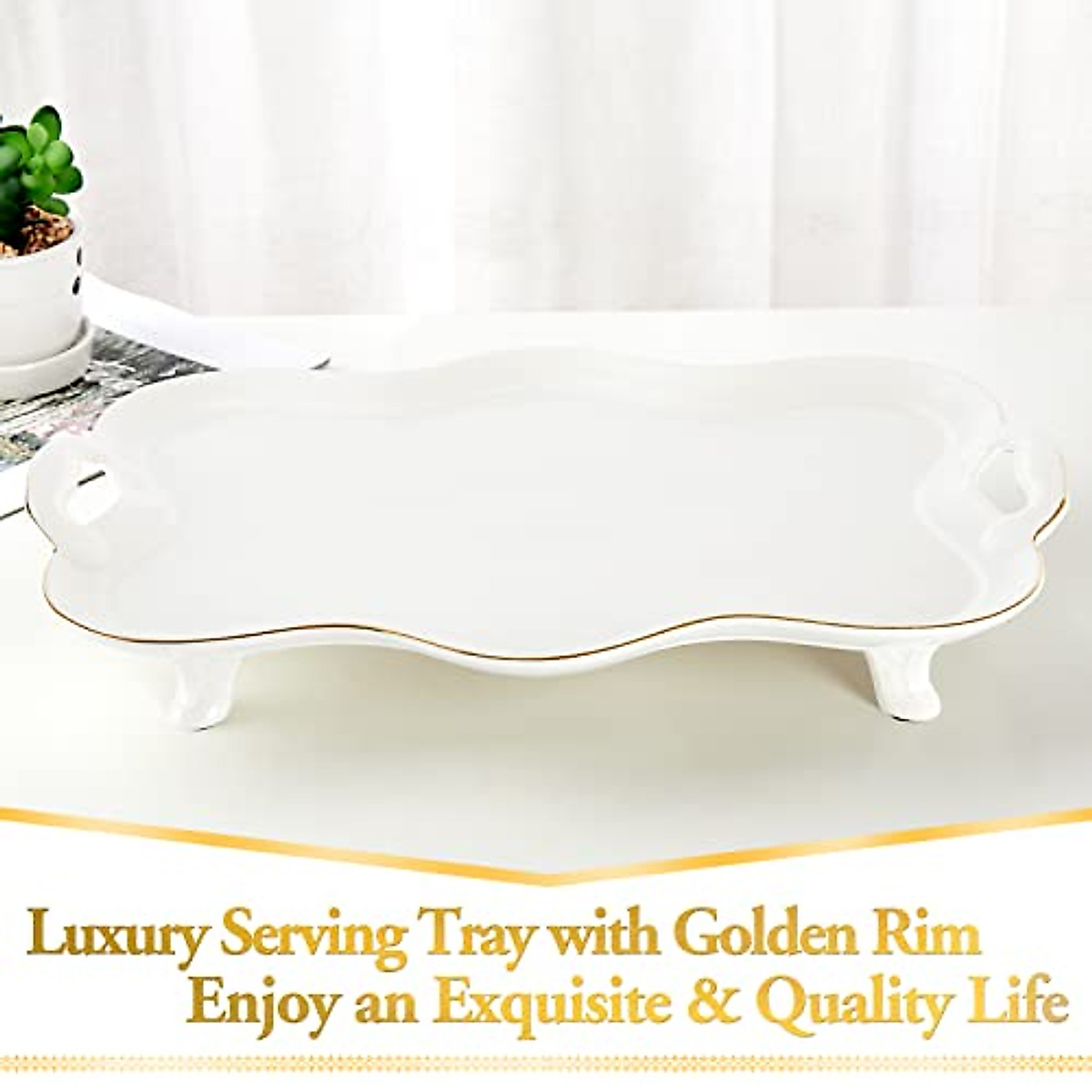DUJUST Porcelain Serving Tray with Handles, Luxury British Style Coffee Table Tray with Golden Rim, Beautiful Tea Tray Decor for Living Room, Easy to Use & Clean