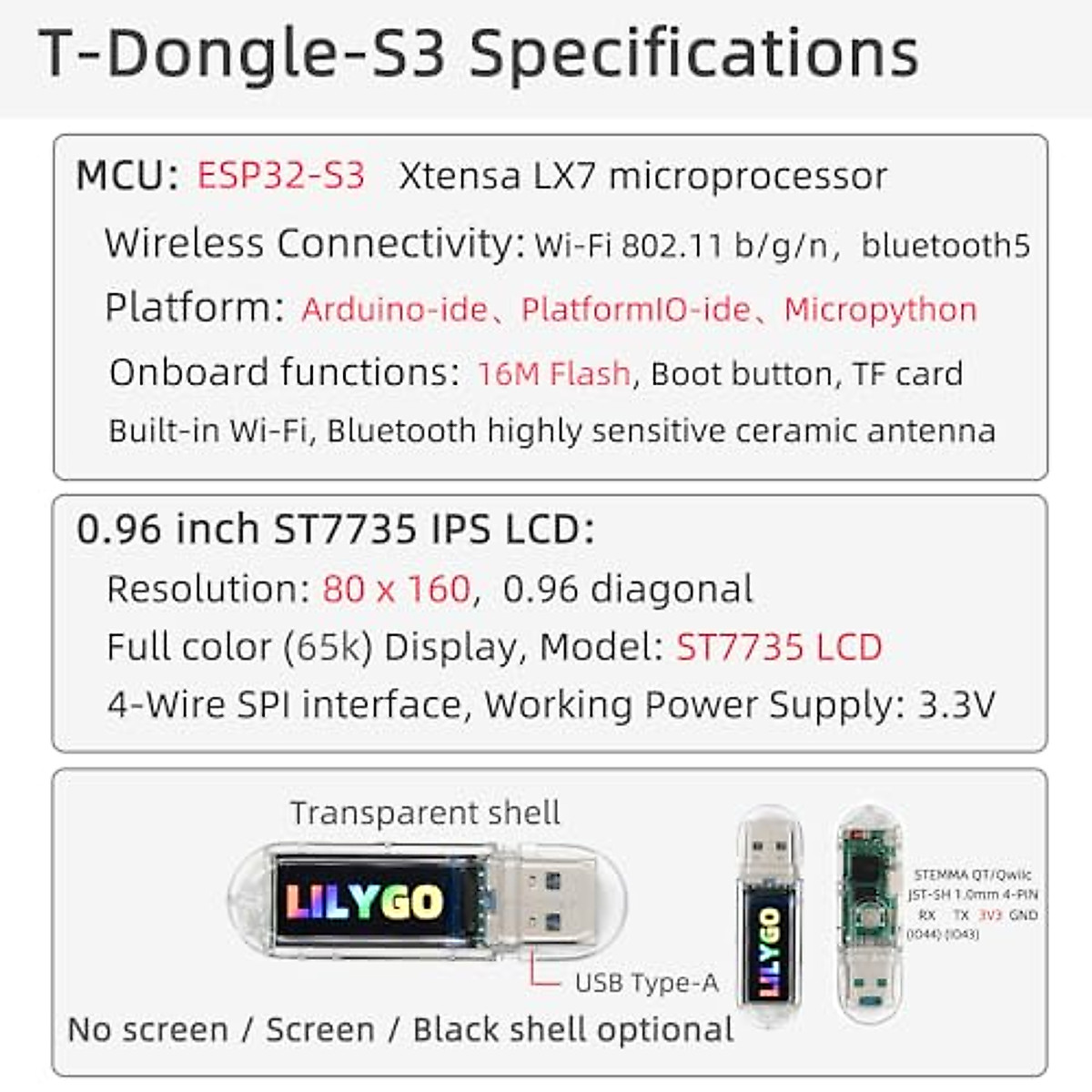 LILYGO T-Dongle-S3 ESP32-S3 TTGO Development Board with Screen Dongle 0.96 inch ST7735 LCD Display TF Card