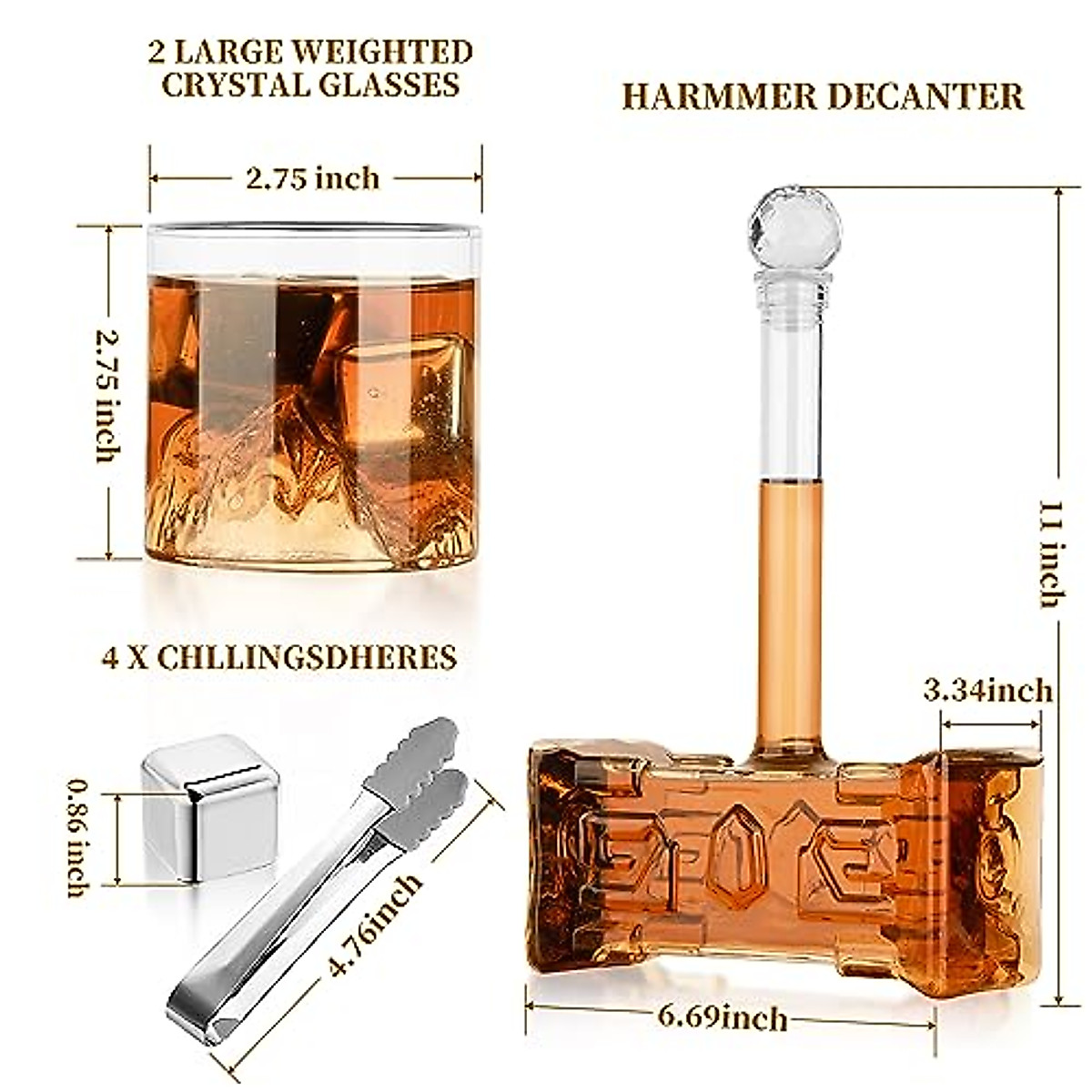 Swirbe Wine&Whiskey Decanter Set,750ml Hammer Decanter,2 Whiskey Glasses and 4 Ice stones,Wonderful Father Day Gift for Dad, Husband