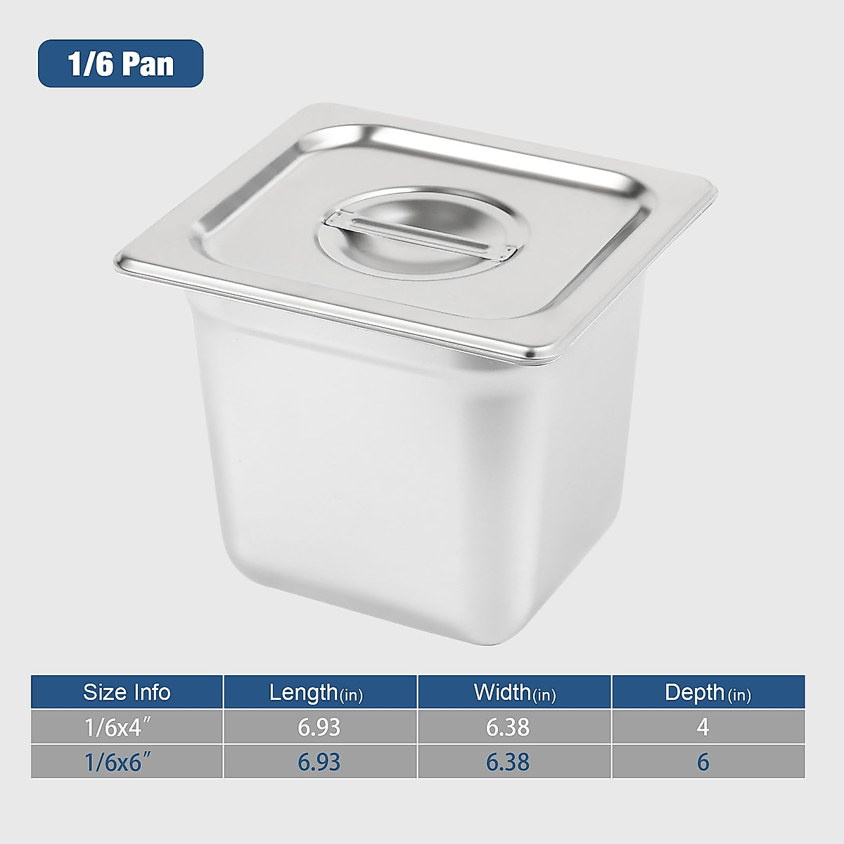 Restlrious Hotel Pan 1/6 Size Stainless Steel Steam Table Pan with Lid, 6" Deep Chafer Food Pan, Pack of 6 Stackable Anti-Jam Steam Pan for Hotel, Restaurant Supplies, Party, Buffet & Event Catering