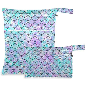 visesunny 2Pcs Wet Bag with Zippered Pockets Beautiful Rainbow Mermaid Scale Washable Reusable Roomy for Travel,Beach,Pool,Daycare,Stroller,Diapers,Dirty Gym Clothes, Wet Swimsuits, Toiletries