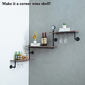 MAIKAILUN Wine Rack Wall Mounted Corner 3 Tier, Hanging Floating Small Mini Bar Liquor Shelves with Glass Holder Storage Under, Industrial Rustic Pipe Farmhouse Kitchen Decor Black