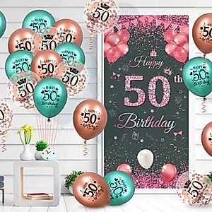 50th Birthday Party Decorations for Women Rose Gold Green Happy 50th Birthday Door Banner and 18 Pcs 50th Birthday Balloons for Women Men 50th Birthday 50 Years Anniversary Party Supplies