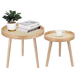 Round Coffee Table Set of 2, Natural Boho Coffee Table, Small Mid Century Modern Rattan Coffee Table, Boho Side Table End Tables for Living Room Bedroom Office Balcony