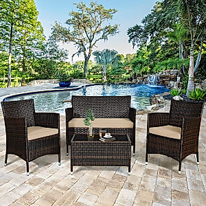 HAPPYGRILL 4-Piece Patio Furniture Set Outdoor Rattan Wicker Conversation Set with Cushioned Sofa and Coffee Table for Porch Backyard Garden Poolside