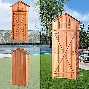 LVUYOYO Garden Storage Shed - Outdoor Wooden Storage Cabinet with Lockable Doors - Backyard Utility Tools Organizer Racks Shelves for Patio, Backyard, Garden, Lawn