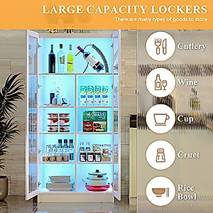 Dystler White Storage Cabinets Locker with 3 Color LED Lights,Modern Storage with Human Body Sensor Functionwardrobe Closet for Bedroom