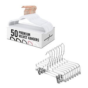 HOUSE DAY Clear Skirt Hangers 12 Pack and White Velvet Hangers 50 Pack, Closet Hangers Set, College Dorm Room Essentials