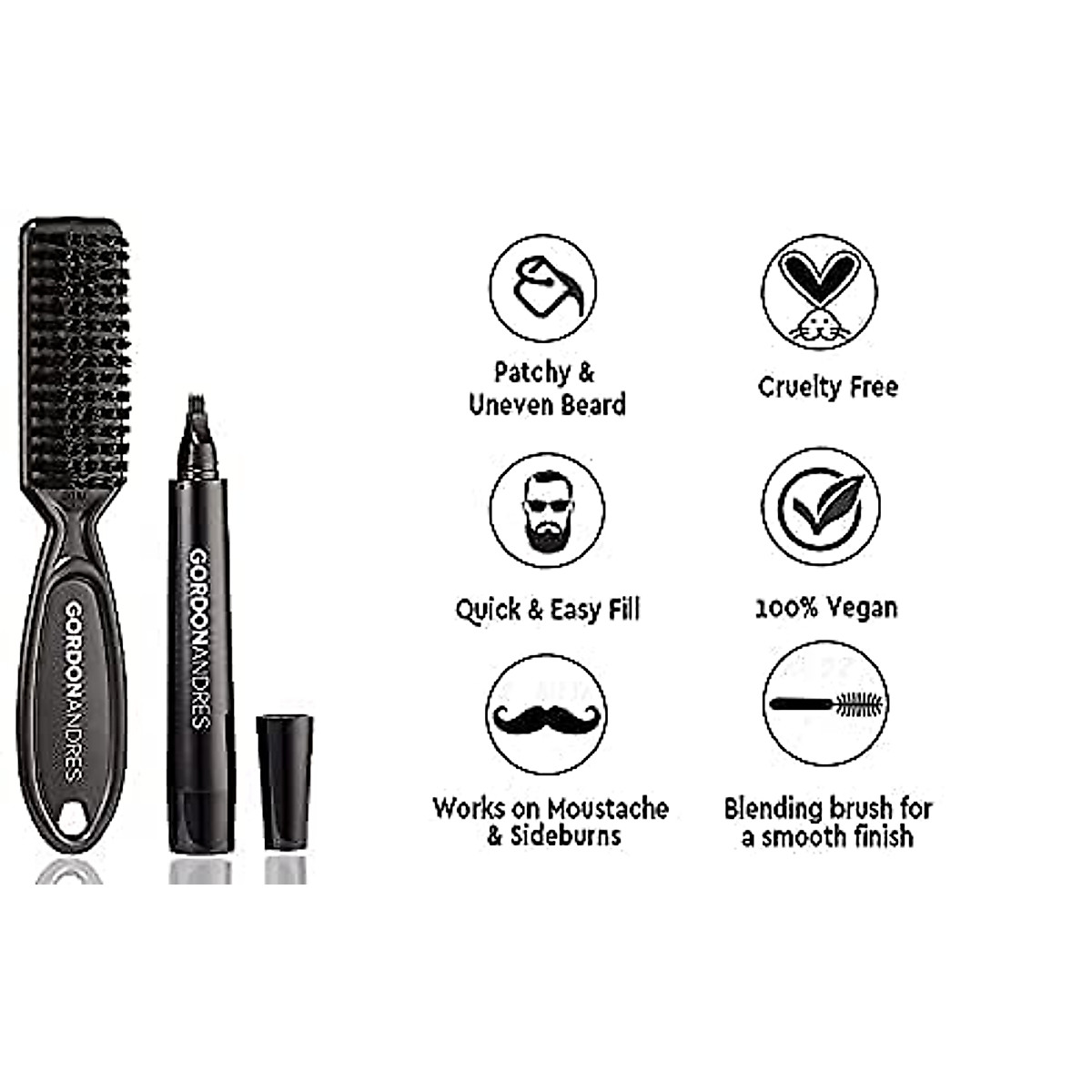 Gordon Andres Water Proof Beard Pencil for Men, Long Lasting Coverage & Natural Finish - Beard, Moustache & Eyebrows - Micro-Fork Tip for Seamless Application - Includes Brush for Blending (Black)