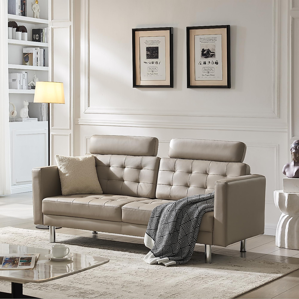 RXRRXY 72'' Top-Grain Loveseat Leather Sofa Couch, Modern Genuine Leather Love Seat Sofa Couch with Sofa Pillows and Classic Button Tufted Design for Living Room, Bedroom, Apartment (Beige)