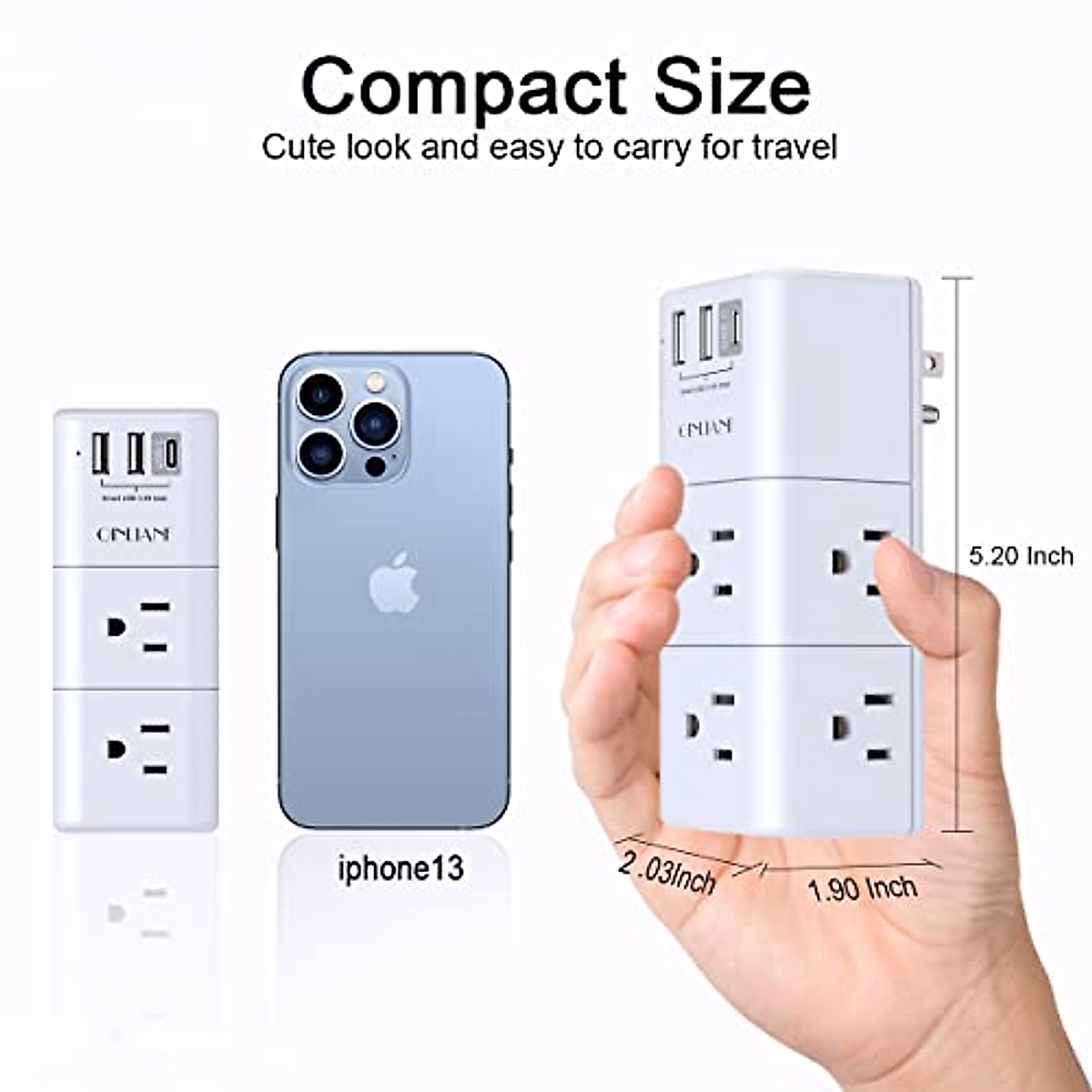 USB Outlet Extender Surge Protector - QINLIANF Multi Plug Outlet with Rotating Plug, 3-Sided Swivel Power Strip with 6 AC Spaced Outlet Splitter and 3 USB Ports (1 USB C) for Travel, Home, Office,ETL