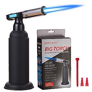 Butane Torch, JUN-L Big Blow Torch Refillable Cooking Torch Lighter, Adjustable Flame for Desserts, BBQ, Soldering with Safety Lock (Butane Gas Not Included) (Black)