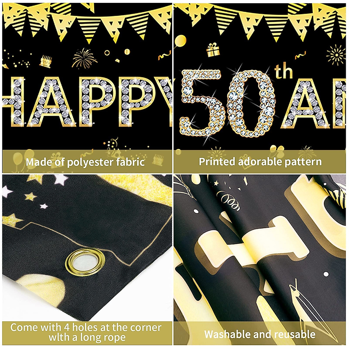 50th Anniversary Banner Decorations, Gold 50 Wedding Anniversary Party Banner Sign Supplies, Happy 50th Anniversary Party Decor Photo Booth Props for Outdoor Indoor(9.8x1.6ft)