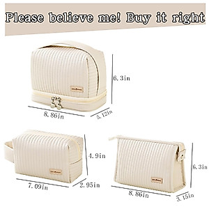 Cute Cosmetic Bag Makeup Bag Set of 3 Travel Toiletry Bag Women Cosmetic Bag Organizer Waterproof Leather Cosmetic Bag Set With Handle Zipper Cosmetic Bag On-the-Go Cosmetic Bag(Off-white color)