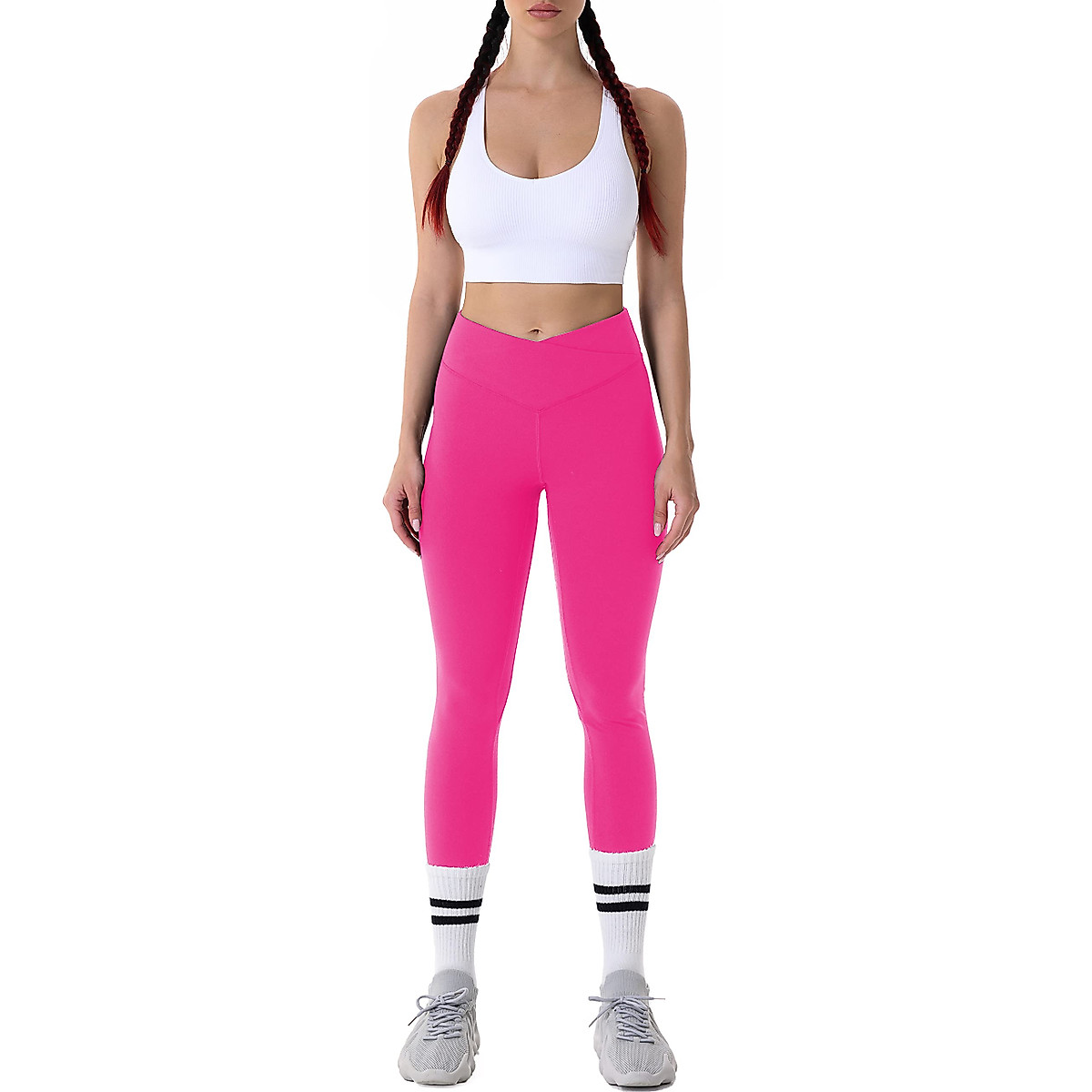 Sunzel Workout Leggings for Women, Squat Proof High Waisted Yoga Pants 4 Way Stretch, Buttery Soft V Cross Waist - 28" Hot Pink Medium