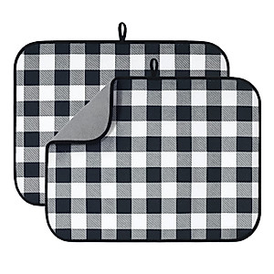 AELS XL 24" x 18" Dish Drying Mat, Set of 2, for Kitchen Counter, Buffalo Check Plaid Tartan Reversible Absorbent Microfiber Dish Drainer/Rack Pads with Hanging Loop