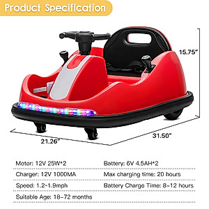 Kidzone 12V 2 Driving Mode (Steering Wheel/Joystick) Ride On Bumper Car for Kids & Toddlers 1.5-6 Year Old DIY Sticker Baby Bumping Toy Gifts W/Remote Control LED Lights, 360 Degree Spin