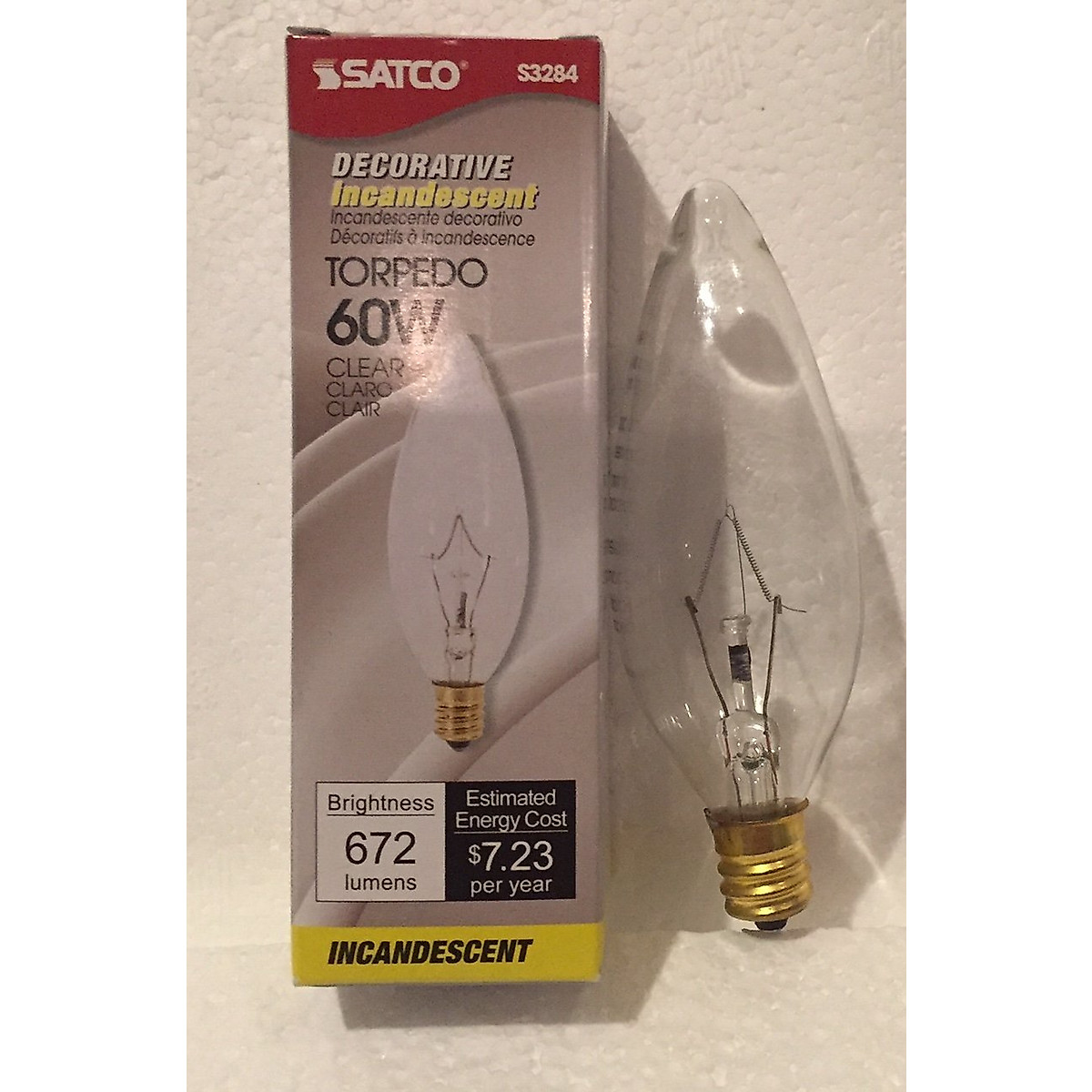 Satco S3284 Decorative Torpedo 120 volt, 60 watt B10, light bulbs, Clear 6 pack Bundle