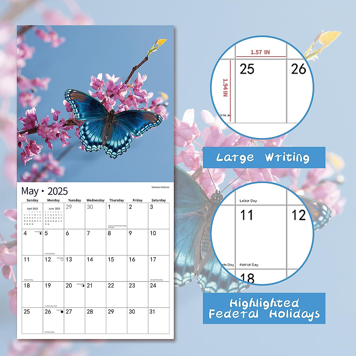 2024 2025 Wall Calendar, 18 Months July 2024 - December 2025, Wall Calendar Colorful Butterfly, 12" x 24" Opened,Full Page Months Thick & Sturdy Paper for Gift Perfect Calendar Organizing & Planning