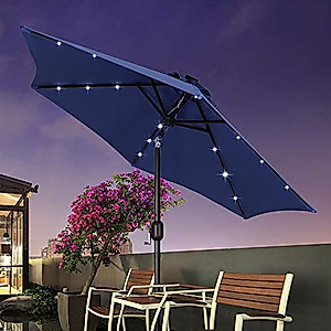 Blissun 7.5 ft Solar Umbrella 18 LED Lighted Patio Umbrella Table Market Umbrella with Tilt and Crank Outdoor Umbrella for Garden, Deck, Backyard, Pool and Beach (Navy Blue)