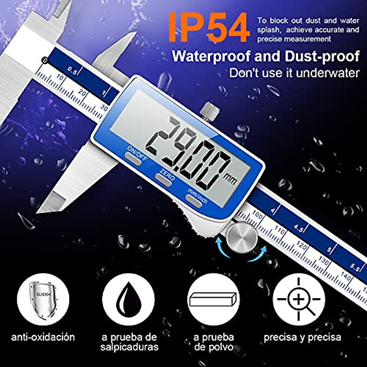 Caliper Measuring Tool, Qfun 6 Inch Electronic Digital Caliper with Stainless Steel and Extra-Large Display, IP54 Waterproof Vernier Calipers for Engineer Carpenter