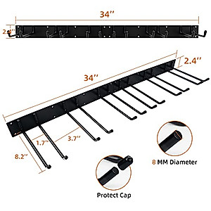 Garden Tool Rack Garage Storage Tool Organizer 34 Inches Wall Mount, Heavy Duty Solid Steel Max 200lbs, Tool Hangers 6 hooks for Yard Tools, Shovels, Rakes, Brooms, Cords, Hoses, Ropes