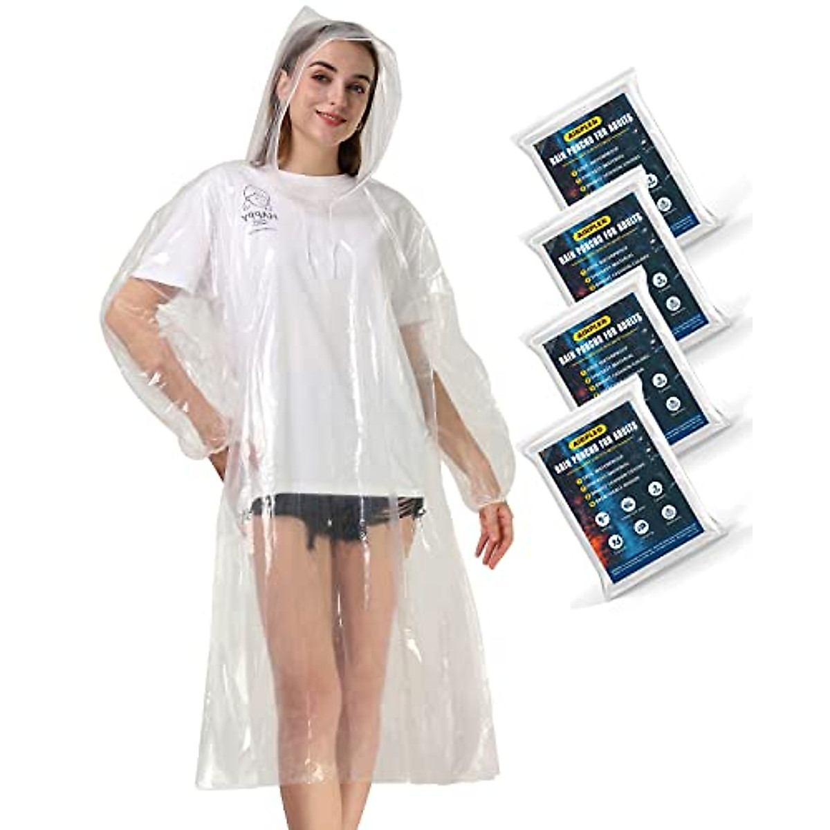Airpler Disposable Rain Ponchos for Family Adults 4 Pack (Clear) - Emergency Rain Ponchos for Women and Men with Drawstring Hood