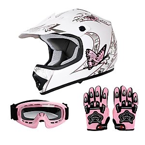 SLMOTO Dot Youth Kids Helmet Motocross Offroad Street Helmet Motorcycle Helmet Dirt Bike Motocross ATV Pink Butterfly Design Helmet+Goggles+Gloves