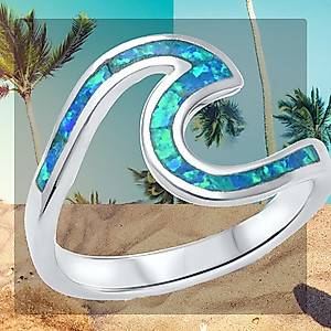 Oxford Diamond Co Wave Ocean Beach Lab Created Opal .925 Sterling Silver Ring Sizes 4-12. Colors Available (Lab Created Blue Opal, 5)