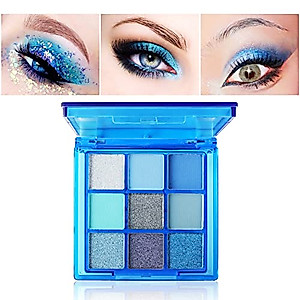 MEICOLY Blue Eyeshadow Palette,9 Colors Matte Glitter Eye shadow Palette,Metallic Silver Bright Waterproof Pressed Avatar Sally Makeup,Shimmer Pigmented Corpse Bride Eye Shadow for Halloween