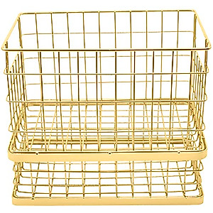 Set of 2 Stackable 10" Metal Wire Storage Basket Bins With Handles (Gold Wide Mesh Base)