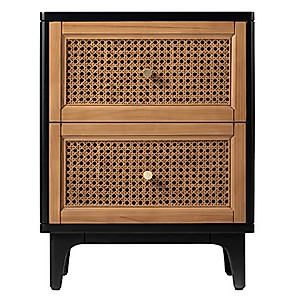 COZAYH Fully-Assembled 2-Drawer Woven Cane Front Accent Nightstand with Brass Knobs for Living Room, Bedroom, Black