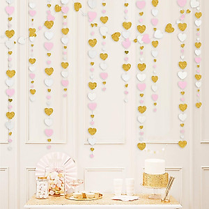 52 Ft Pink and Gold White Love Heart Garland Hanging Paper Streamer Banner for Anniversary Mother's Day Valentines Day Bachelorette Engagement Wedding Bridal Baby Shower Birthday Party Decorations