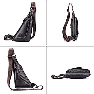 RC ROCKCOW Genuine Leather Sling Backpack Men's Leather Sling bag Triangle Crossbody Bags Multi-pocket Chest Bag Crossbody Daypack with Earphone Hole Casual Crossbody Shoulder Chest Daypack